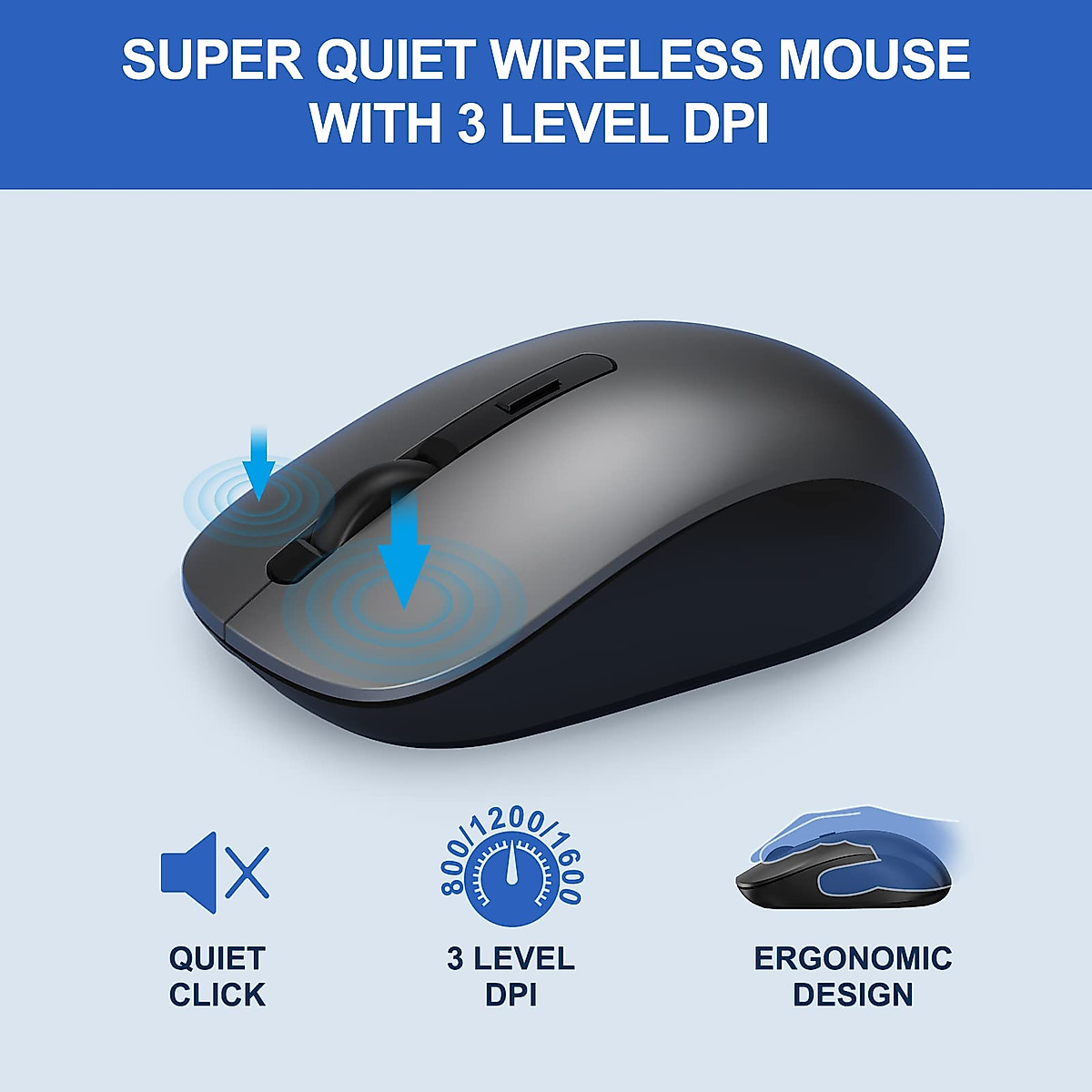Wireless Keyboard and Mouse, Compact Slim Silent Keyboard with Number Pad, Low Profile Full Size Cordless Quiet Mouse Keyboard Combo for Windows, PC, Laptop (Grey)
