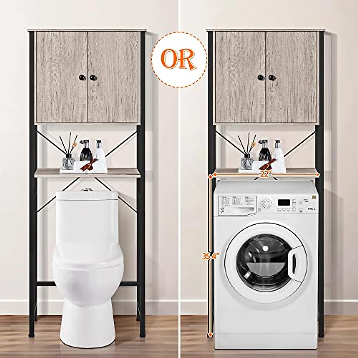 Yaheetech 2-Piece Bathroom Furniture Sets, Includes 3-Tier Over-The -Toilet Storage Organizer Rack Stand with Door, Rustic Floor Storage Cabinet with 2 Open Shelves for Bathroom, Gray