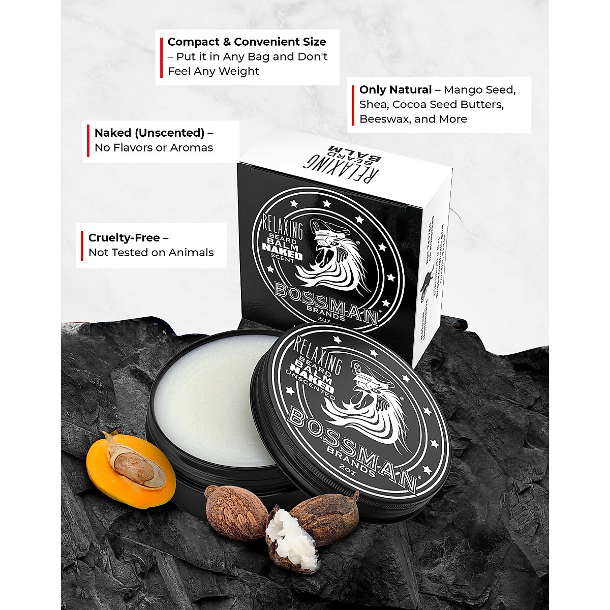 Bossman Relaxing Beard Balm - Beard Tamer, Relaxer, Thickener and Softener Cream - Beard Care Product - Made in USA (Naked Scent)