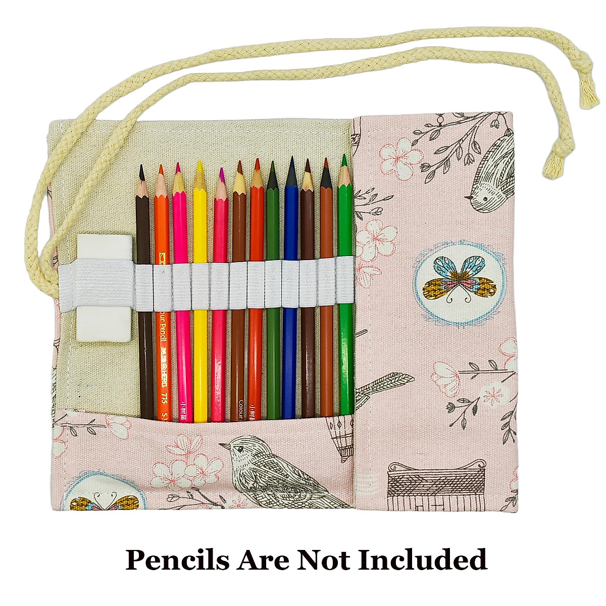 Lopenle Butterfly Colored Pencil Wrap Floral Roll Up Holders Birds Canvas Pencil Organizers for Artist Coloring Travel Storage With 72 Slots(Flower Butterflies Birds)