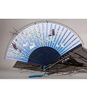 PHONME Decorative Folding Fans Folding Fans Chinese Style Dance Wedding Party Lace Silk Handheld Flower Fan Gift Hand Fan Vintage Style (Color : Navy)