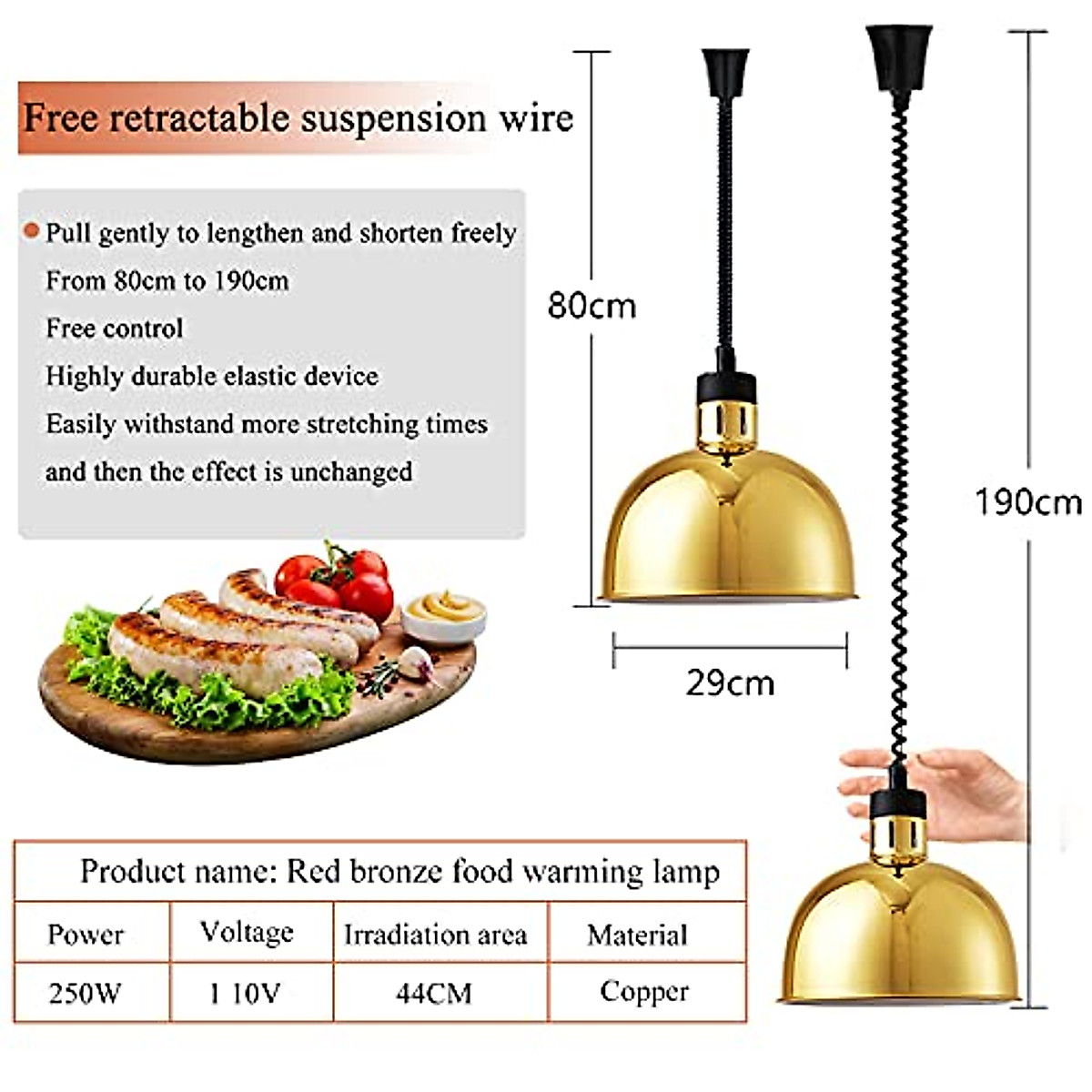 JIAWANSHUN Food Warmer Lamp Food Heat Lamp/Bulb 250W φ290mm Cafeteria Food Warmer Commercial Food Warmer Restaurant Supplies or Home Use Food Service Retractable Heat Lamps(Golden)