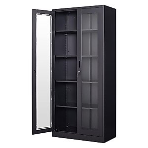 PEUKC Display Cabinet with Glass Doors, Curio Cabinets with 4 Adjustable Shelves, Locking Glass Cabinet Display Case for Home, Office, Clinic, Pantry, Assemble Required, Black