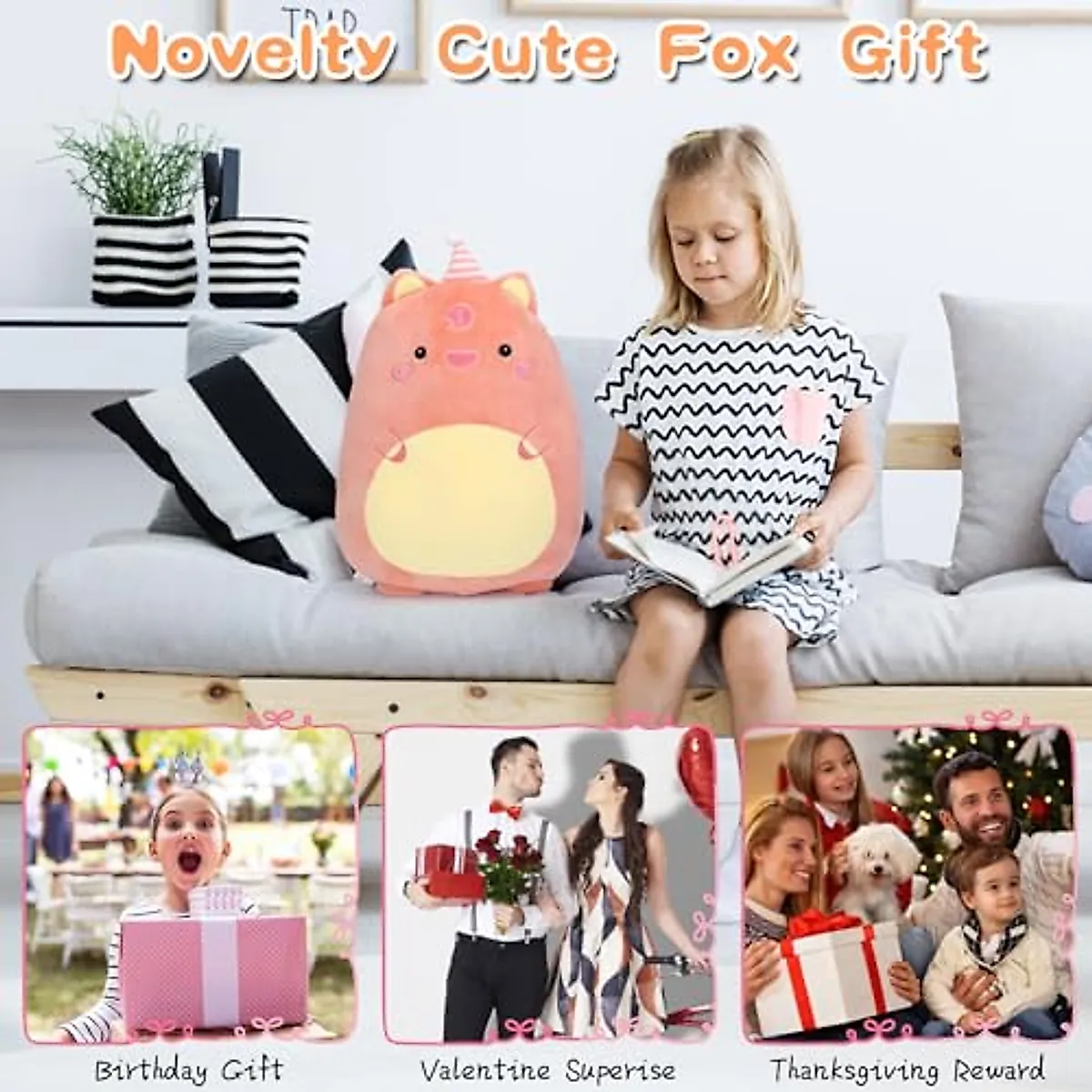 17.7'' Fox Plush Pillow for Girls, Cute Stuffed Animal Hugging Pillow, Soft Plush Toy, Cartoon Sleeping Pillow, Soft Plushie Doll Gifts