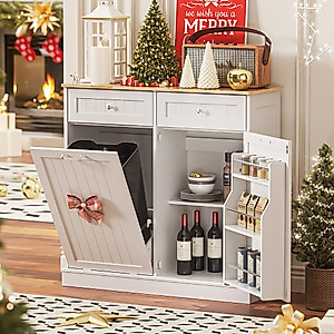 Spurgehom 13 Gallons Tilt Out Trash Cabinet Kitchen Storage Cabinet Free Standing Recycling Cabinet Trash Can Holder with Hideaway Drawers Pet Proof Trash Can for Kitchen Living Room, White