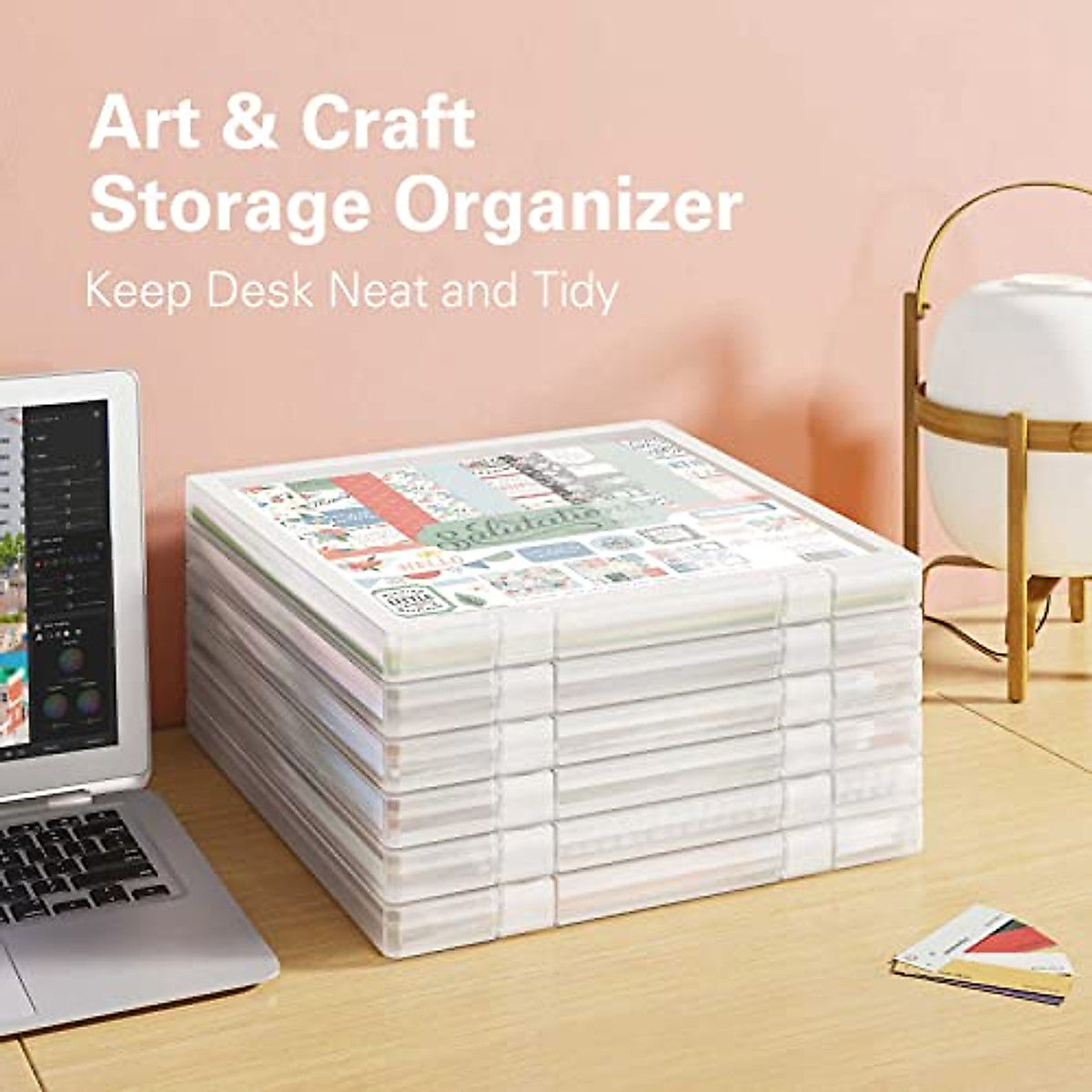 iBune 6 Pack 12x12 Paper Storage Box, Scrapbook Storage Box for 12" x 12" Paper, Portable Slim Project Case Plastic Craft Paper Storage Box, Size 12.4 x 12.8 x 1.1 in