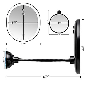 OVENTE 9'' Lighted Wall Mount Makeup Mirror with Mini Magnetic 10X Magnifying Mirror, Rechargeable Vanity Mirror, Touch Screen Dimmable LED Lights, Flexible Gooseneck & Suction Mounting, Black MOW22B
