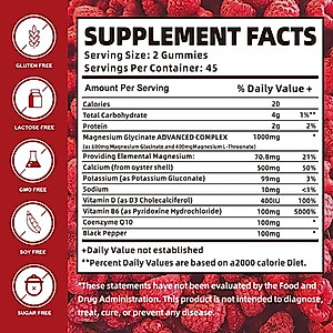 Magnesium Glycinate Gummies 1000mg with Magnesium L-Threonate ，Chelated Magnesium Potassium Complex Supplement with VitD, B6, CoQ10, Calcium,Supports for Memory, Calm, Mood - 90 Raspberry Gummies..