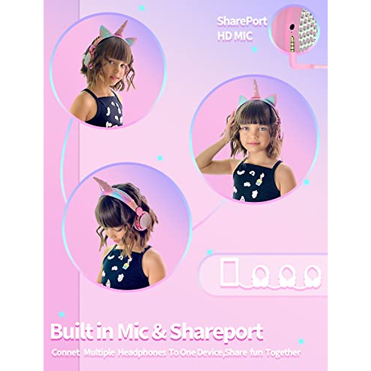 charlxee 𝟐𝟎𝟐𝟑 𝐍𝐞𝐰 Kids Unicorns Headphones with Mic for School/Travel,85dB Volume Limited,Shareport,Unicorns Gifts for Girls,On/Over Ear HD Stereo Wired Headsets with Nylon Cable-Hot Pink