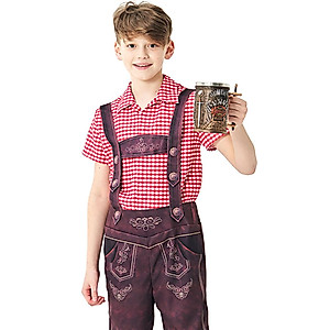 German Bavarian Oktoberfest Costume, Kids Toddler Boys Oktoberfest Costume Lederhosen Shorts German Bavarian Set Halloween Dirndl Beer Festival Dress Up Outfit Photoshoot Birthday Red 8-10 Years