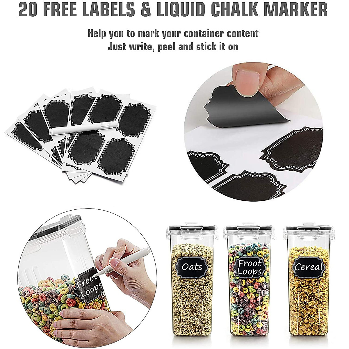 Cereal & Dry Food Storage Containers, Wildone Airtight Cereal Storage Containers Set of 8 [2.5L / 85.4oz] for Sugar, Flour, Snack, Baking Supplies, Leak-proof with Black Locking Lids