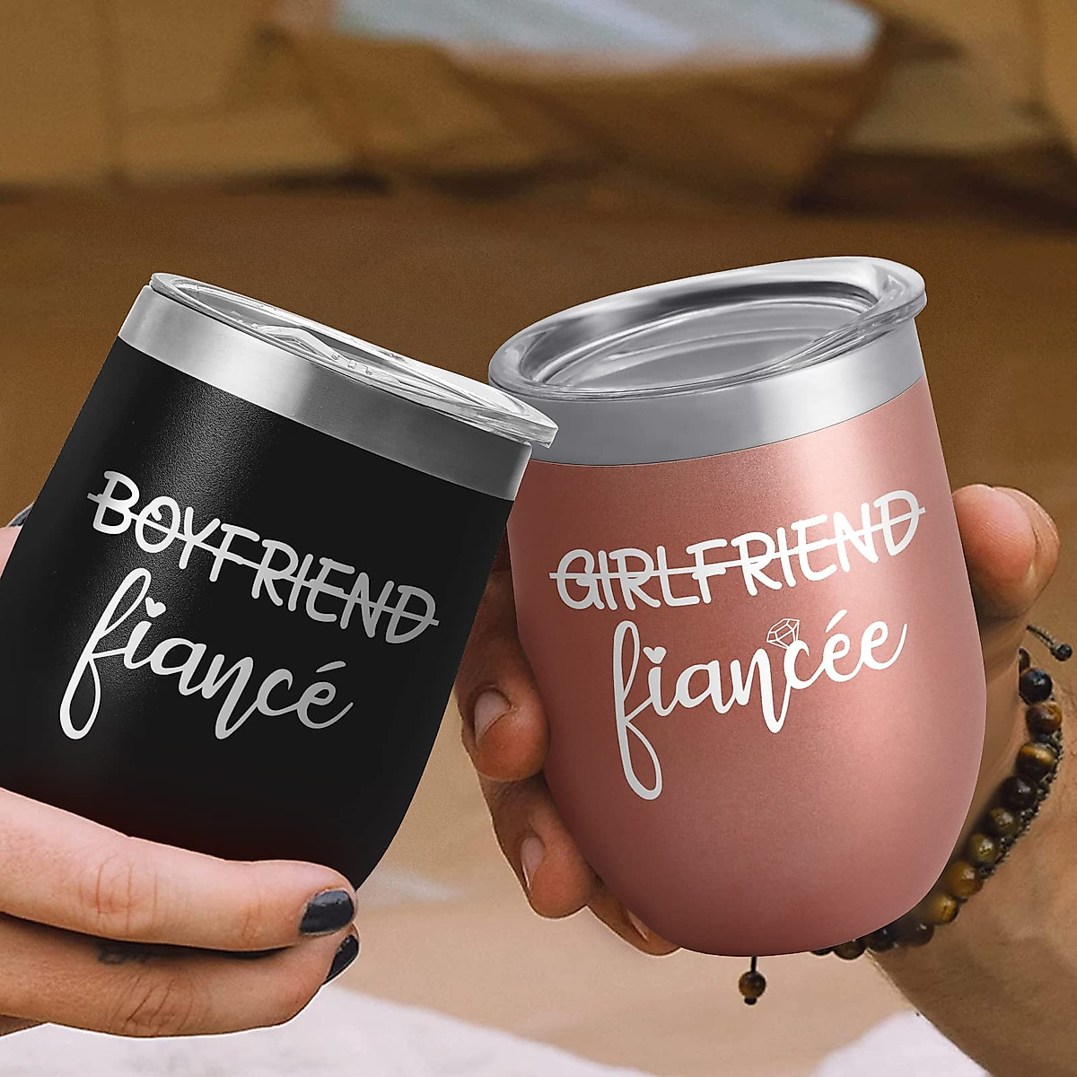 LiqCool Engagement Gifts for Couples, Fiance Gifts for Him Her, Newly Engaged Gifts for Couple, Cool Engagement Gifts, 12oz Wine Tumbler for Fiance Fiancee Boyfriend Girlfriend, Black and Rose Gold
