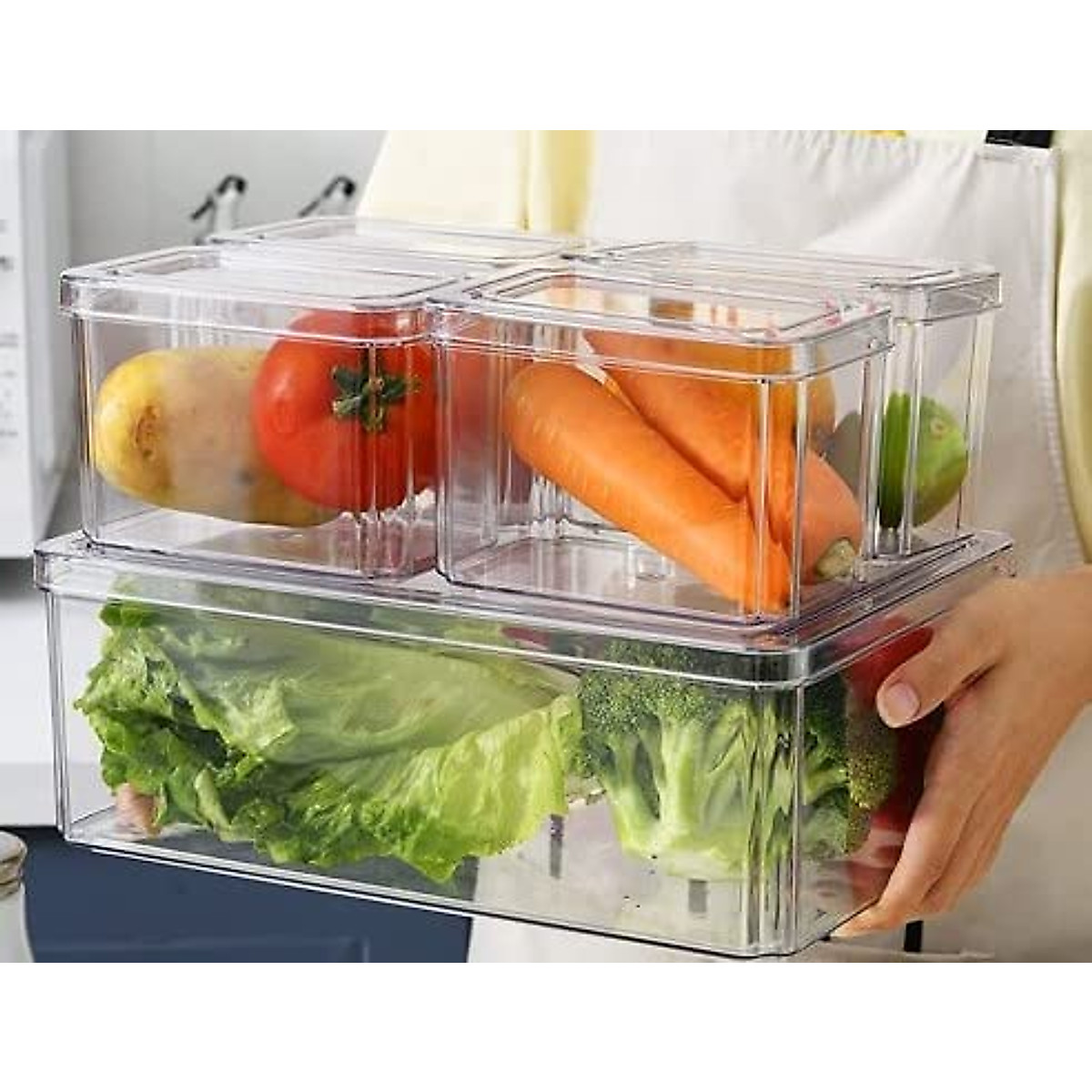 Plexel Refrigerator Organizer Bins, Fridge Organizer, Clear Plastic Food Storage Containers, Contenedores Para Organizar Cocina, Pantry Organization And Storage, with Removable Drain Tray. (3)