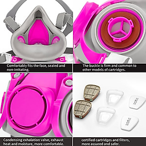 RANKSING Respirator Mask with Filters and Safety Glasses to Against Dust Gases Fumes Asbestos Chemicals while Painting Spraying Sanding Welding Construct and Work PPE 6200 Pink Medium