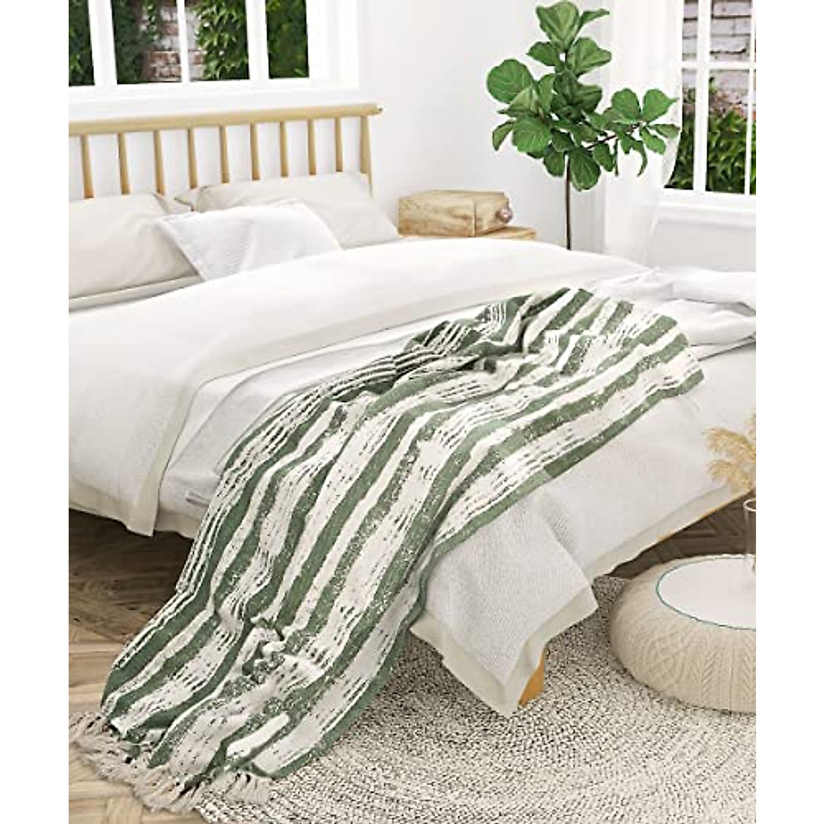 Godimerhea Green Throw Blanket Cotton White Boho Striped Decorative Blankets for Couch Sofa Bed, Soft Cozy Knit with Tassel, Rustic Shabby Chic, 50" x 60"