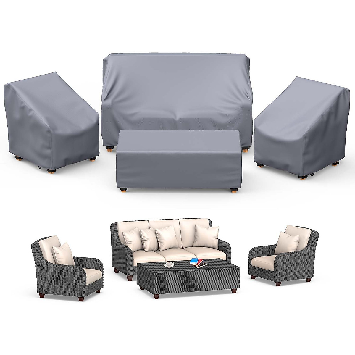 Mrrihand Patio Furniture Covers, 4 Piece Outdoor Furniture Cover Waterproof includ Ourdoor Sofa Cover, 2 Chair Covers, Coffee Table Cover with Windproof Buckle Strap and Adjustable Drawstring
