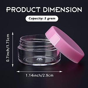 50 Count 5 Gram Sample Containers, Clear Lip Balm Containers with Lids, Small Plastic Sample Jars with 4 Mini Spoons, 50pcs Labels (Pink Lid)