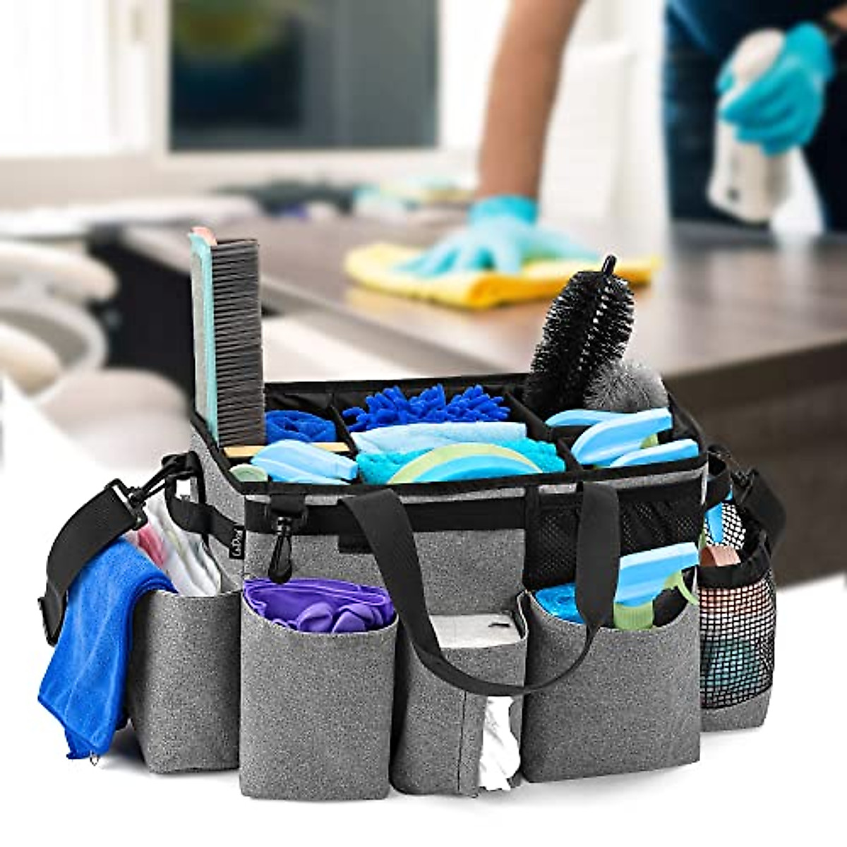 LoDrid Wearable Cleaning Caddy Bag with 4 Foldable Dividers, Cleaning Supply Tote for Cleaning Supplies, Cleaning Organizer with Shoulder Strap and Side Handles for Cleaners & Housekeepers, Grey