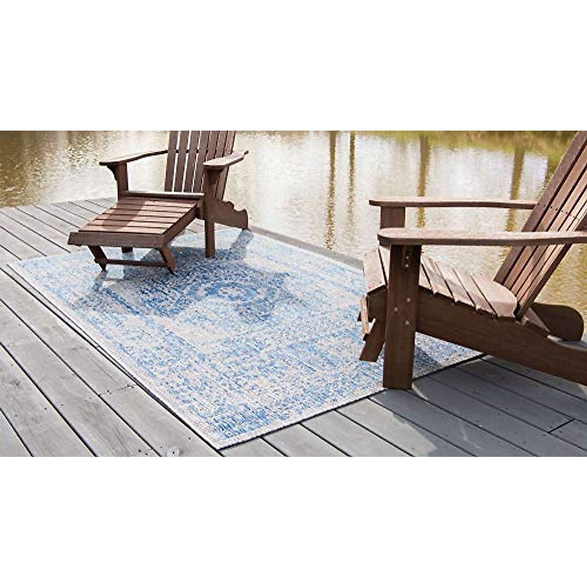 Unique Loom Outdoor Traditional Collection Area Rug - Timeworn (9' x 12' Rectangle, Blue/ Gray)