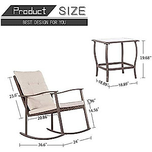Skiway 3 Piece Outdoor Rocking Chair Set, Patio Brown Wicker Rattan Rocker, Cushioned Bistro Higher Back Rocking Chairs Set of 2 with Glass Table