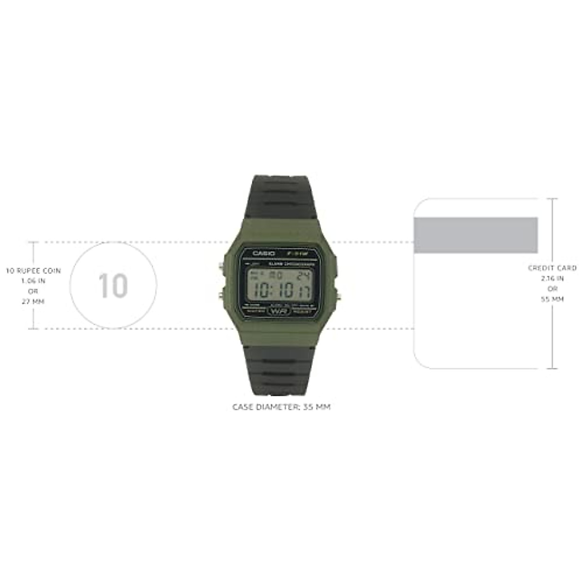 Casio Unisex Watch in Resin/Acrylic Glass with Date Display and LED Light - Water Resistance & Alarm, Green, 38.2 x 35.2 x 8.5 mm, Strap (F-91WM-3AEF)