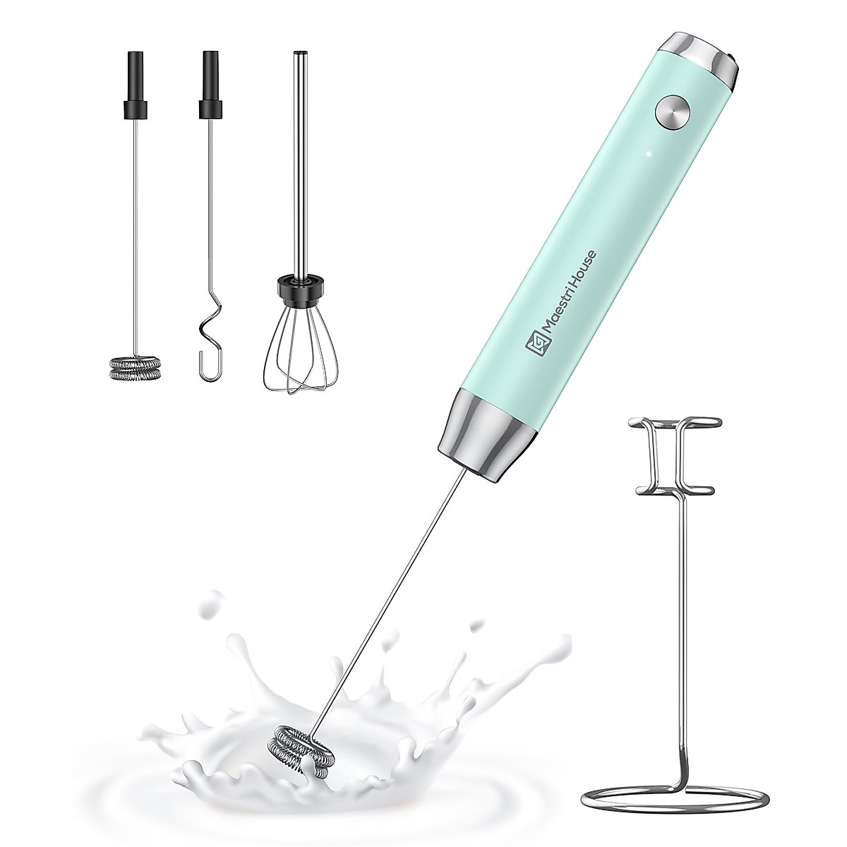 Maestri House Rechargeable Milk Frother with 3 Heads, Handheld Electric Foam Maker Waterproof Detachable Stainless Steel Whisk Drink Mixer Foamer with Stand for Lattes, Cappuccino, Egg