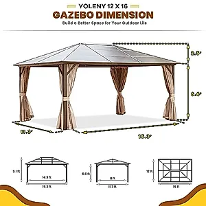 YOLENY 12'x16' Hardtop Gazebo, Outdoor Polycarbonate Roof Canopy, Aluminum Frame Permanent Pavilion with Curtains and Netting, Sunshade for Garden, Patio, Lawns