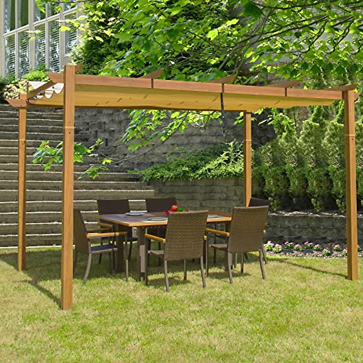 Domi Outdoor Living 9’ x 13’ Outdoor Retractable Pergola Against The Wall with Weather-Resistant Canopy Aluminum Garden Pergola Patio Grill Gazebo for Courtyard(Teak Coated)