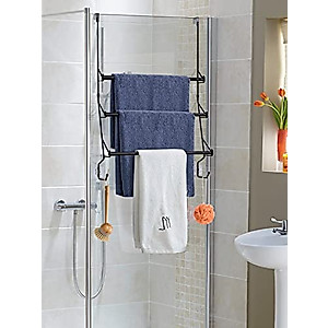 Elbourn Adjustable Over The Door Triple Towel Rack with Hooks, Towel Bar Hanger for Bathroom, Black