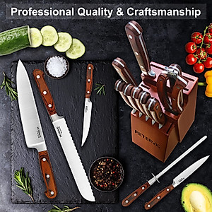 FETERVIC Knife Set -16 PCS High Carbon Kitchen Knife Sets Wooden Block with Chef Knife, 6 Pieces Steak Knives, Bread Knife, Sharpener Rod and Kitchen Scissors - Best Gift
