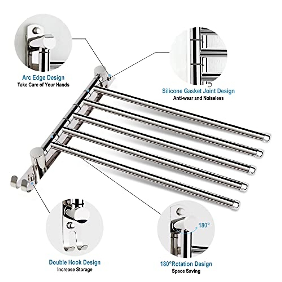SCDGRW Swivel Towel bar 5 arm - Stainless Steel Bathroom Swing Towel Rack with Hook- Wall Mounted Towel Holder Storage Organizer for Bathroom Kitchen