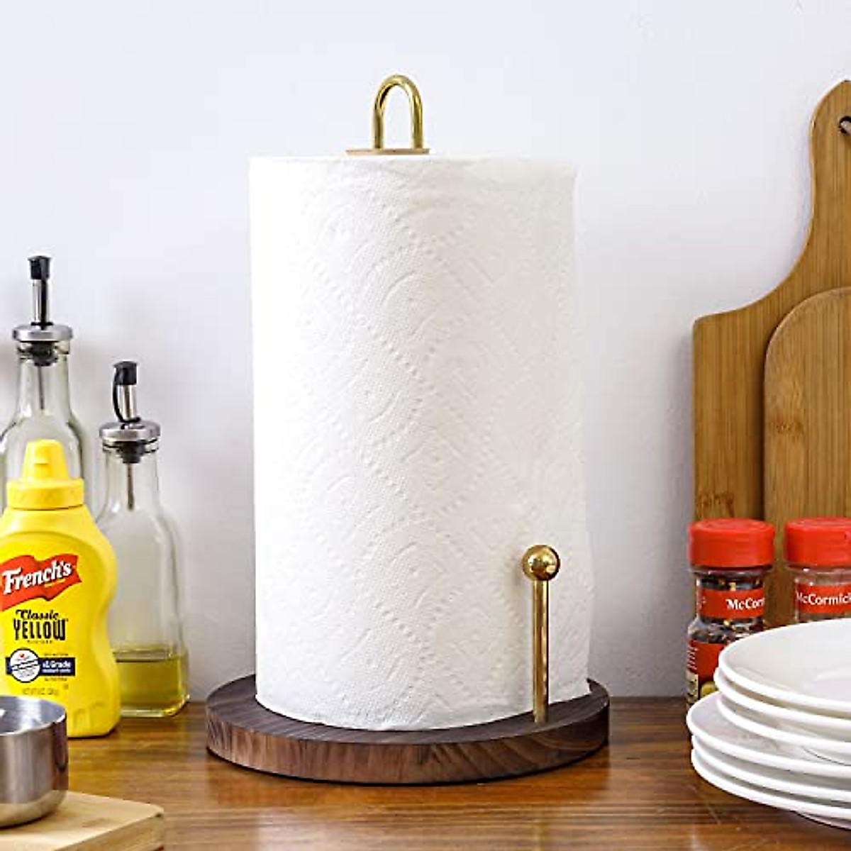 MyGift Modern Brass Tone Metal Countertop Paper Towel Holder with Burnt Solid Wood Base, Hand Paper Towel Roll Dispenser Rack