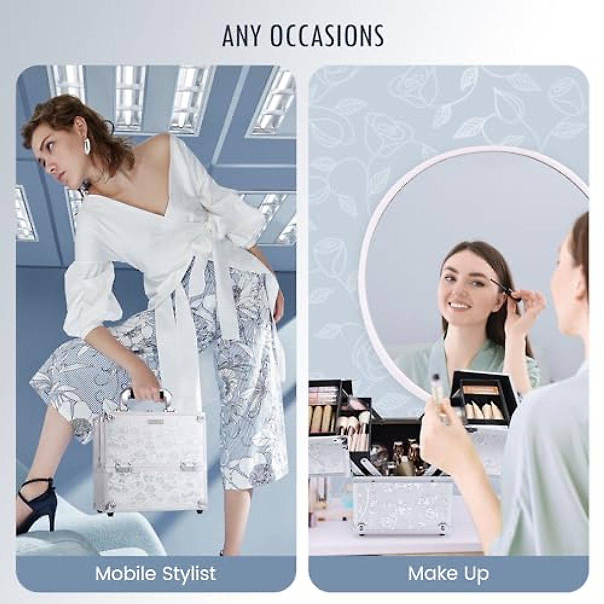 FRENESSA Makeup Train Case Portable Cosmetic Box Organizer 4 Trays Aluminum Makeup Case Storage with Divider Lockable for Makeup Artist, Crafter, Makeup Tools Elagant Silver Rose