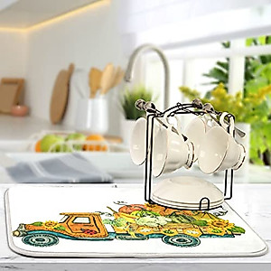 Absorbent Dish Drying Mat for Kitchen Counter - Thanksgiving Pumpkin Sunflower Truck Microfiber Drying Pad, Reversible Drainer Mats for Countertop, Large 18" x 24"