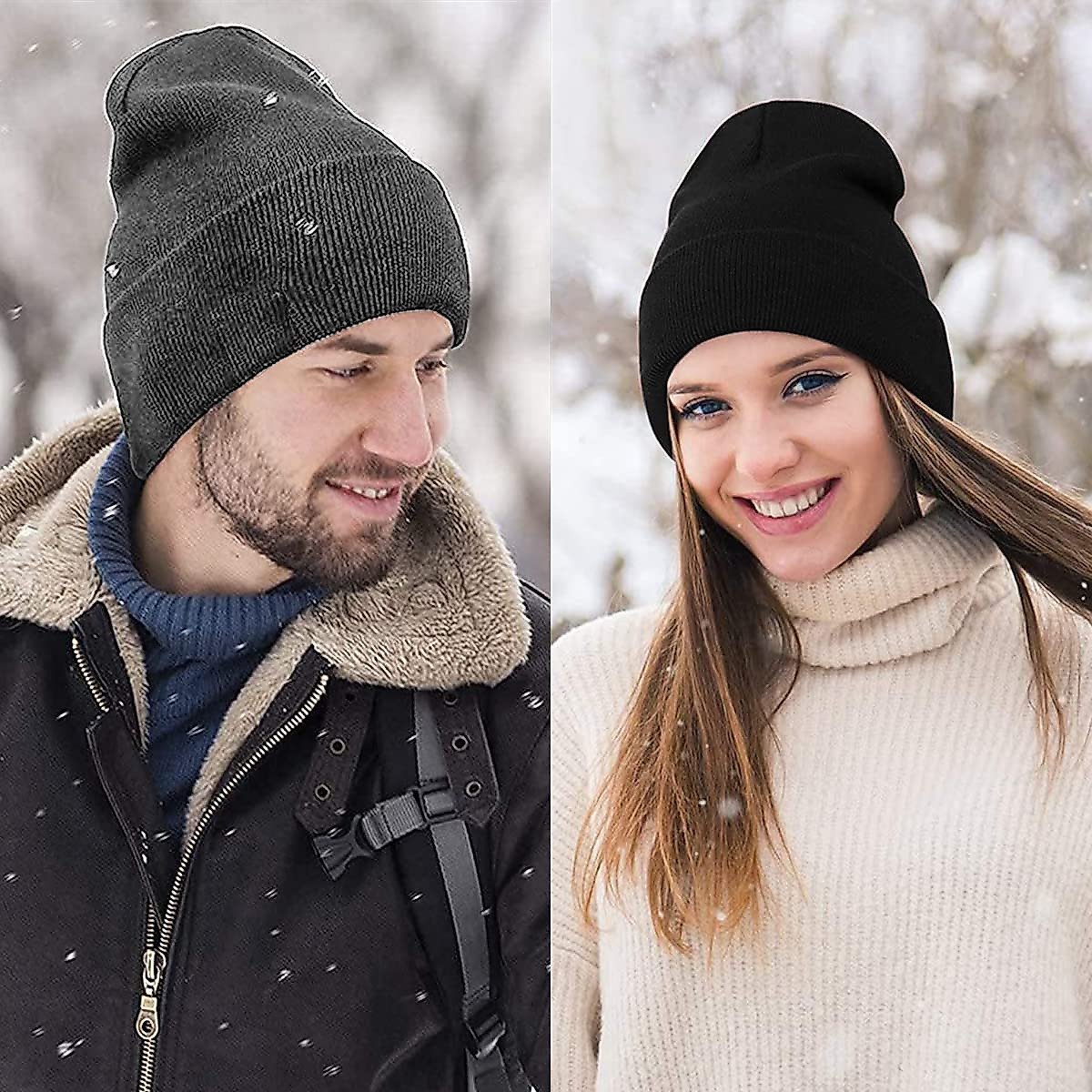 2-Pack Men's Standard Daily Beanie Hat Classic Cuffed Plain Skull Knit Winter Cap for Men & Women Warm Snug Slouchy Soft Headwear Unisex (Black&Dark Grey 2pcs)