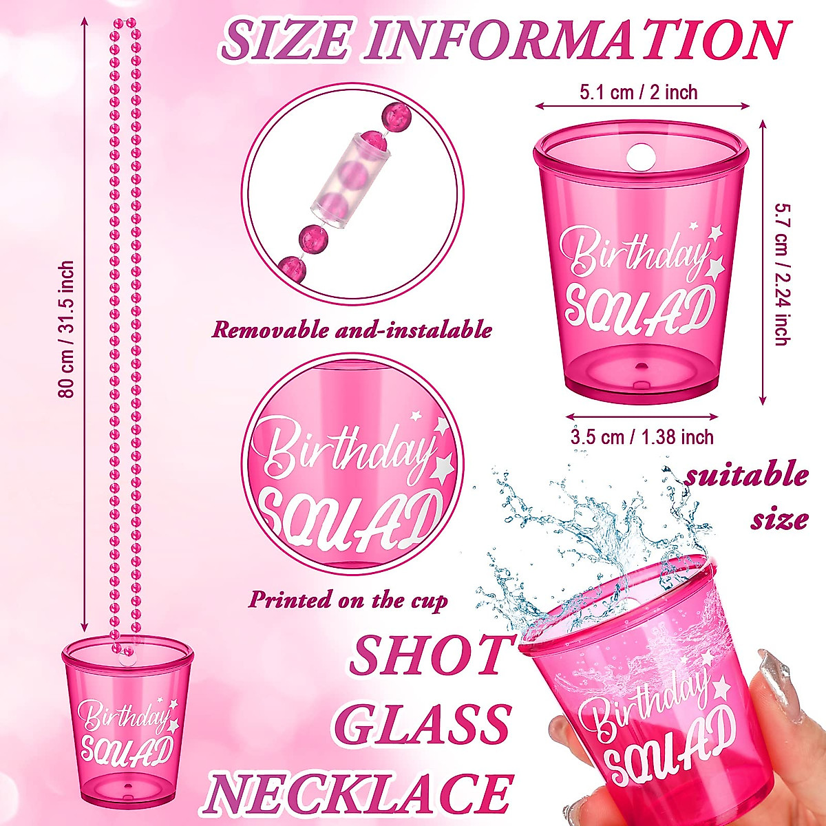 12 Pcs Birthday Squad Shot Glass Necklace Shot Necklace Cups Plastic Birthday Glasses on Beaded Necklace Funny Beaded Birthday Squad Cups for Adults Birthday Wedding Party Supplies Favors, 6 Colors