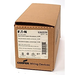Eaton 5362CDV Arrow Hart Dual Control Heavy Duty Industrial Grade Duplex Receptacle, Auto-grounding, #14-10 AWG, 20A, Flush, 125V, Ivory, Brass, High-Impact Nylon face, 5-20R, 2-Pole (10-Pack)
