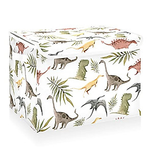 CaTaKu Tropical Leaves Dinosaur Storage Bins with Lids Fabric Large Storage Container Cube Basket with Handle Decorative Storage Boxes for Organizing Clothes Shelves