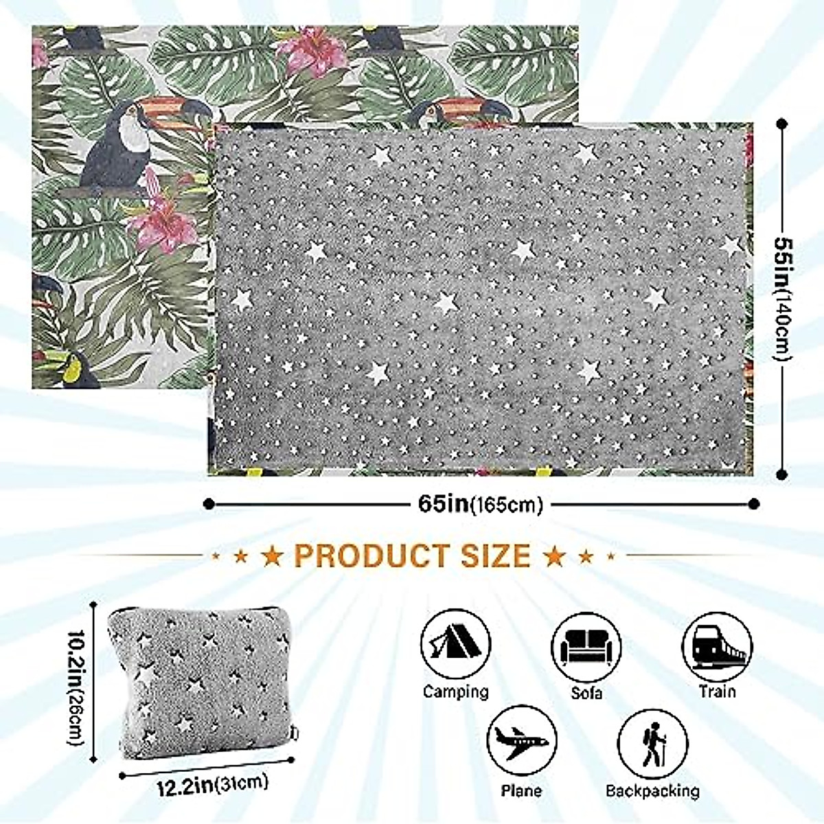 Joko Ivery Tropical Palm Leaves Birds Premium Soft Travel Blanket Pillow Airplane Blanket with Hand Luggage Belt & Backpack Clip Airplane Essentials 2 in 1 for Airplane Train Bus Car