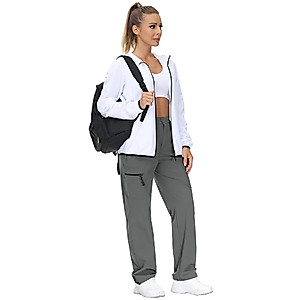 VVK Women's Cargo Hiking Pants Elastic Waist Quick Dry Lightweight Outdoor Water Resistant UPF 50+ Long Pants Zipper Grey Large