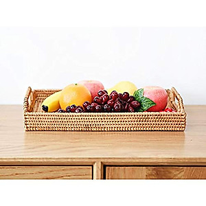 Hand-Woven Rattan Rectangular Serving Tray with Handles for Breakfast, Drinks, Snack for Coffee Table (17x11.4x1.8inches)