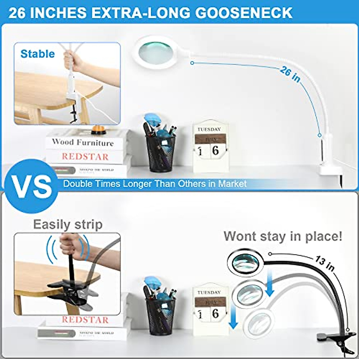 TOMSOO 26" Gooseneck Magnifying Lamp with Clamp, 5 Color Modes Stepless Dimmable LED Desk Light with Magnifying Glass, 5X Real Glass Lighted Magnifier Hands Free for Painting Close Work Craft Hobby