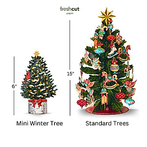Freshcut Paper Pop Up Cards, Merry Mini Tree, 7 inch Mini Sized Paper Christmas Tree 3D Popup Greeting Cards, Christmas Card, Holiday Card, Blank Notecards & Envelopes, Pack of 5