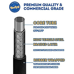 TOOLCY 3/8" Pressure Washer Hose 4000 PSI X 50 FT, Stainless 3/8" Swivel QC Kink Resistant, 250℉ Hot Water Compatible Steel Wire Braided & Rubber Jacket, Easy Loading 3/8" NPT X M22-14mm Adapter Kits