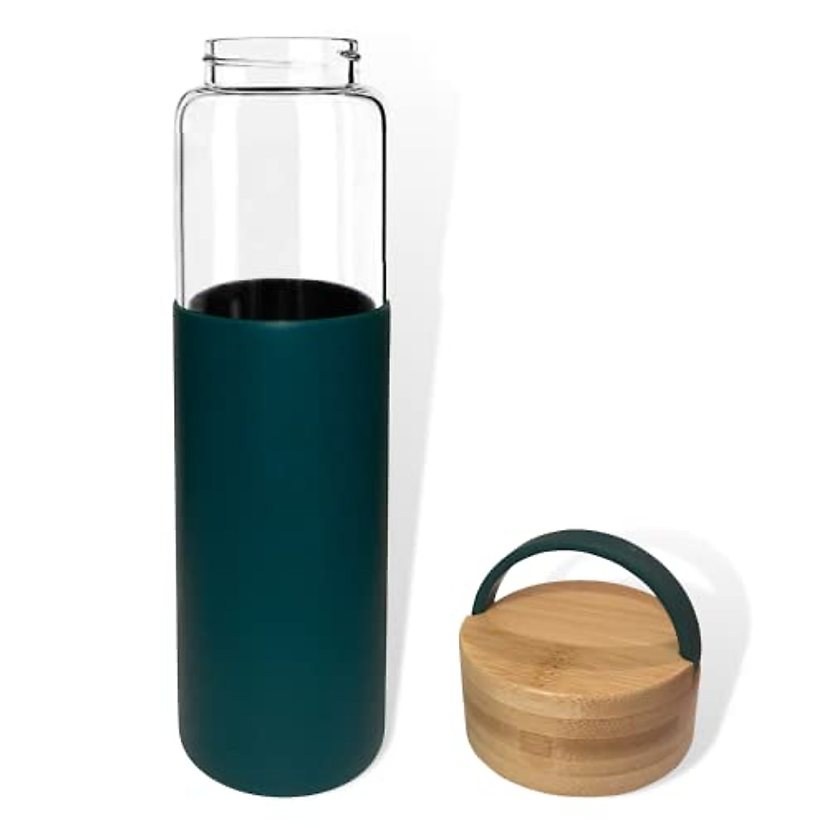 tanjoon 20 oz Borosilicate Glass Water Bottle with Leak-Proof Bamboo Lid and Silicone Handle and Protective Sleeve (TEAL) - BPA Free - Easy to Carry - Dishwasher Safe