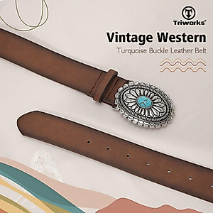 TRIWORKS Women's Western Leather Belt Vintage Medieval Turquoise Buckle Belt Ladies Cowgirl Concho Leather Belt