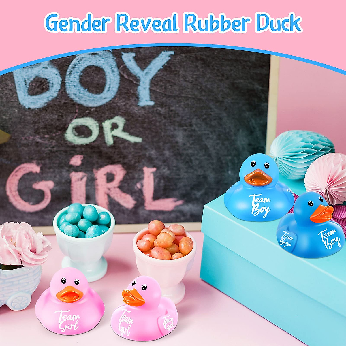 24 Pieces Pink Blue Gender Reveal Rubber Ducks in Bulk Mini Ducky Bath Toys Team Girl Team Boy Small Ducks for Baby Shower Gender Reveal Party Favor Decorations