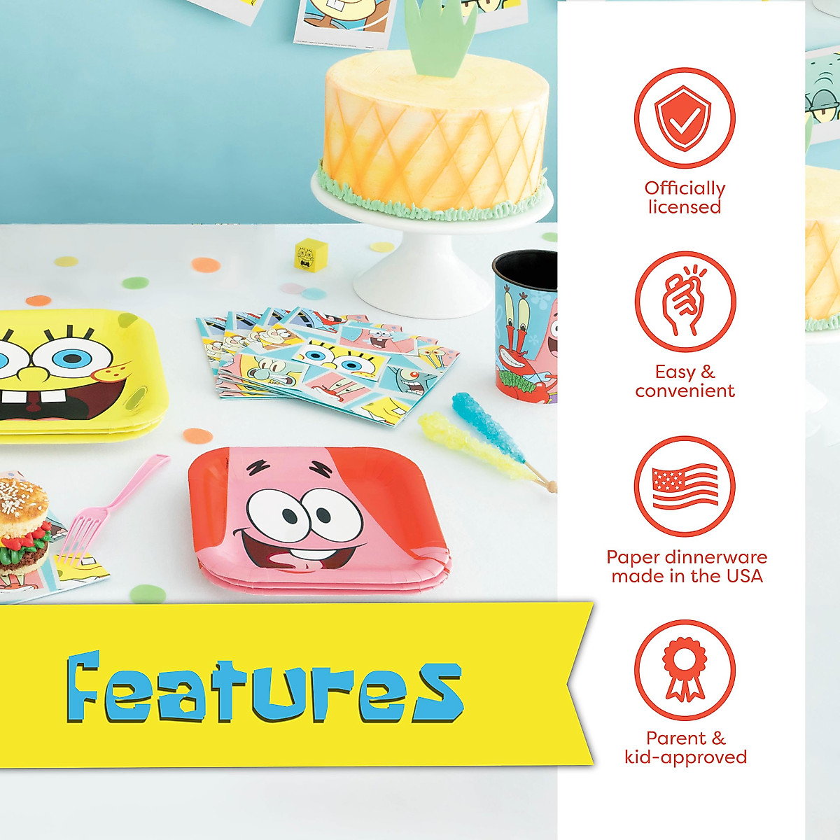Spongebob Party Supplies Set | Serves 16 Guests | Spongebob Party Decorations With Table Cover, Banner Decoration, Spongebob Plates, Napkins, Balloons, Crepe Streamer, Candles and Button