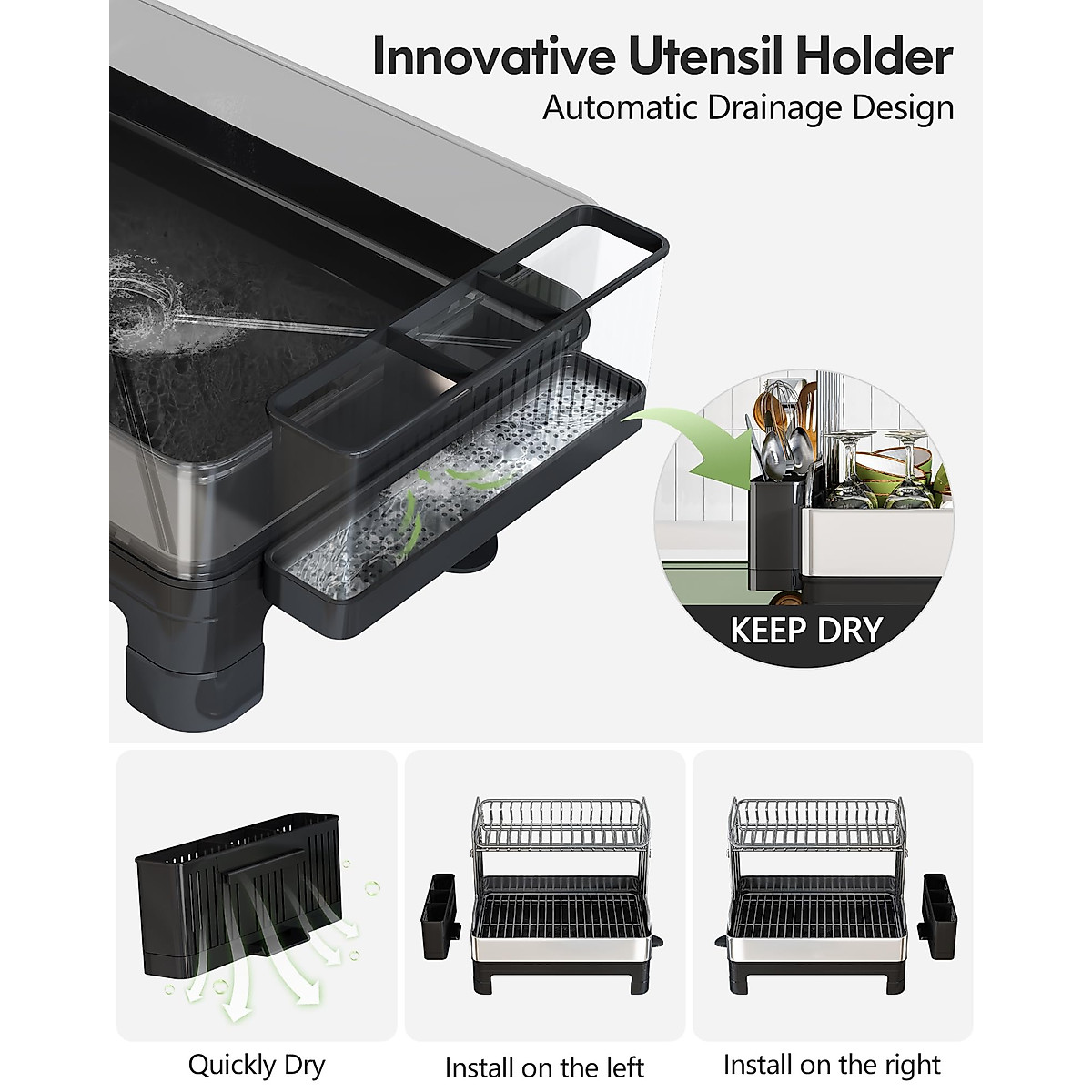 BOOSINY Dish Drying Rack, 304 Stainless Steel 2 Tier Large Dish Rack and Drainboard Set with Swivel Spout Drainage, Full Size Dish Drainer with Utensil Holder for Kitchen Counter of Big Family