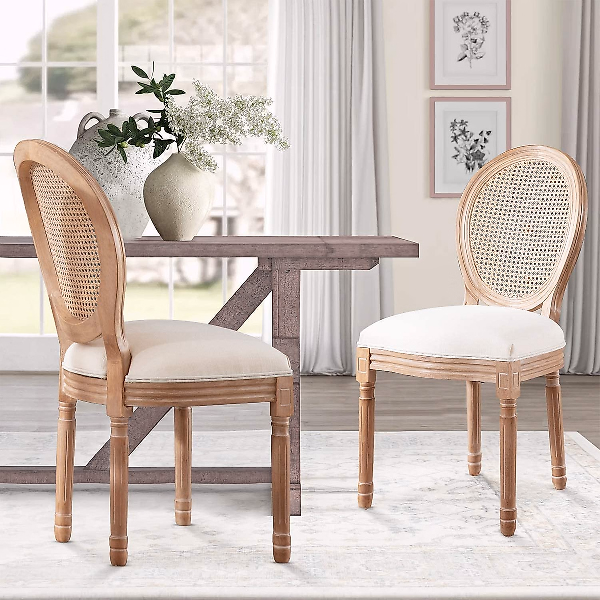Nrizc French Country Dining Chair Set of 2, Vintage Chic, Upholstered and Carved Wooden Frames, Beige Linen Fabric, Lightweight and Sturdy, Ideal for Dining Room, Kitchen, Living Room, Bedroom